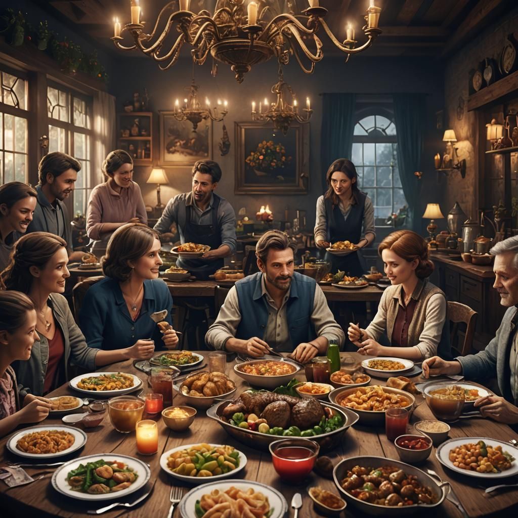 realistic family dinner scene with a warm atmosphere. Focus on the ...