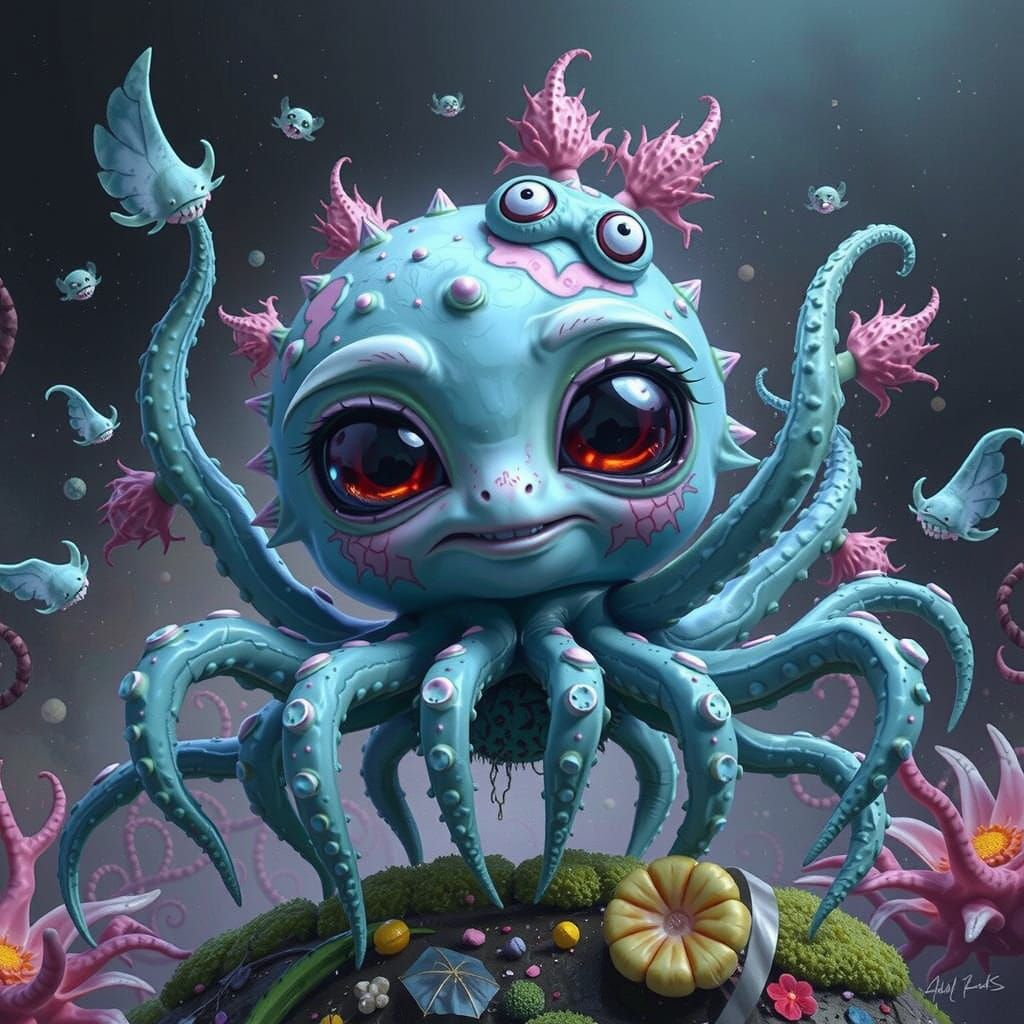 Whimsical Octo-Spider in Dreamlike Landscape - AI Art
