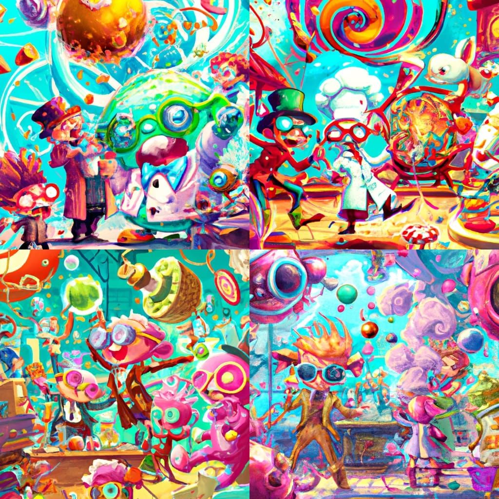 a mad scientist with an exploding glass ball and steampunk monsters ...