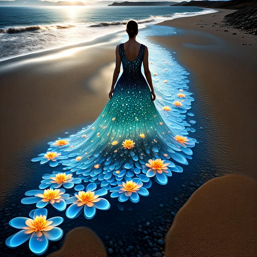 A luminous flowing flower pattern dress walking along a pebbled path ...