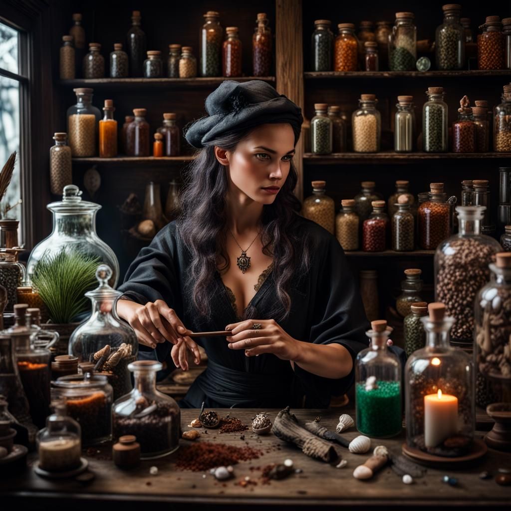 modern witch creating potions in her apothecary shop with crystals ...