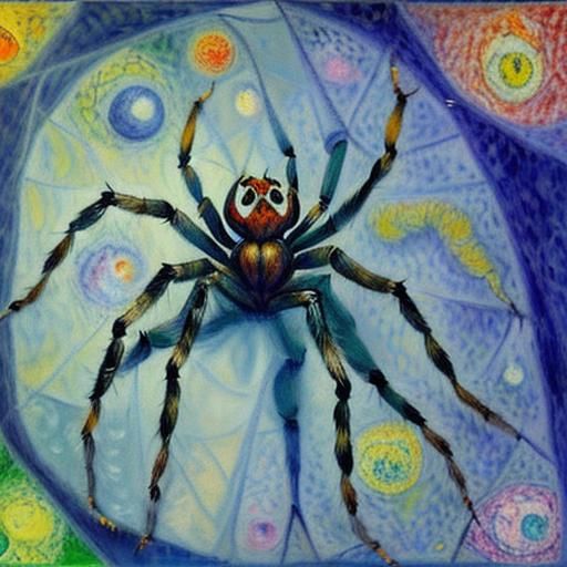Soft Focus Giant spider web /anthropomorphic spider/surrealism , in the style of Van Gogh ...