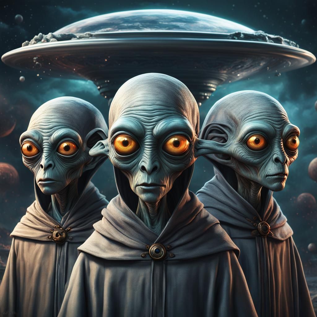 Three gray aliens with large black eyes large heads emaciated wearing ...