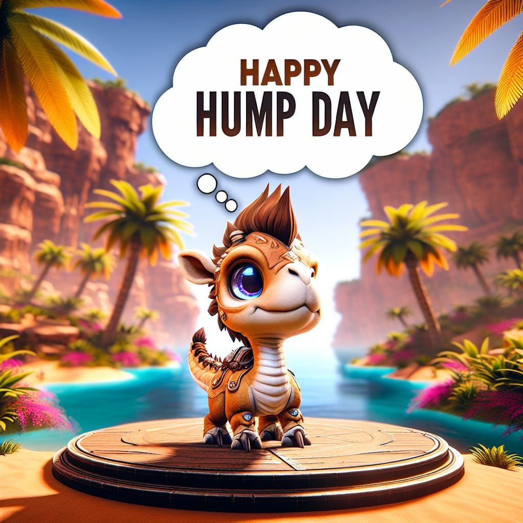 A cute Dragon:Camel Hybrid, in a Desert oasis with palm trees, wishes ...