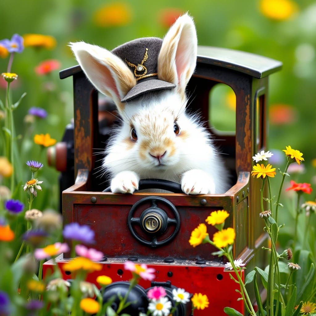 A Bunny Train - Whimsical Bunny Conductor in a Miniature Ste...