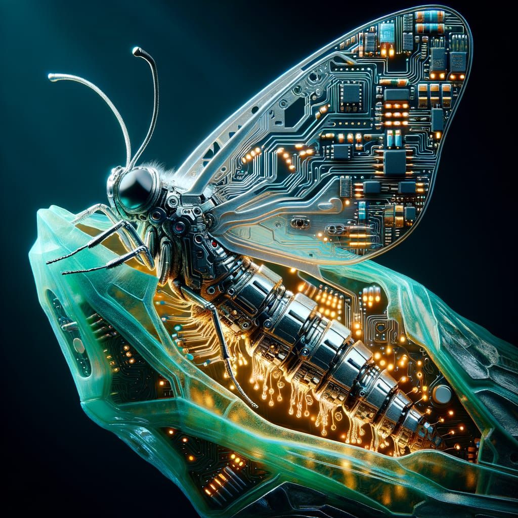 electronic butterfly larva emerging from its chrysalis - AI Generated ...
