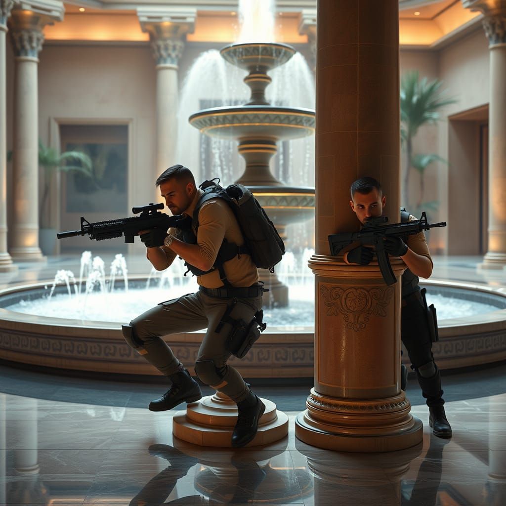 Tactical Figures in VIP Lounge with Egyptian Pilla... - AI Art