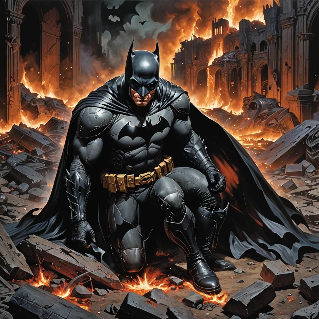 Batman kneeling on the ground in a smouldering ruin, weeping, shouting ...