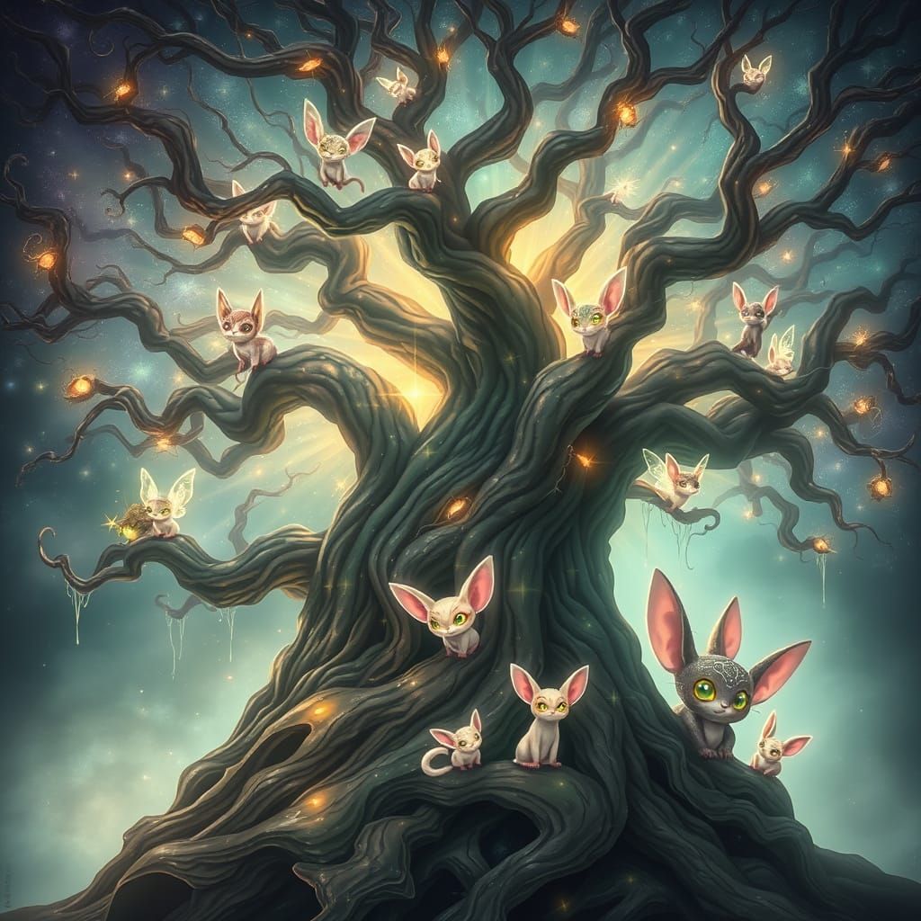 An enormous glowing magical tree with magic and wisps of arcane ...