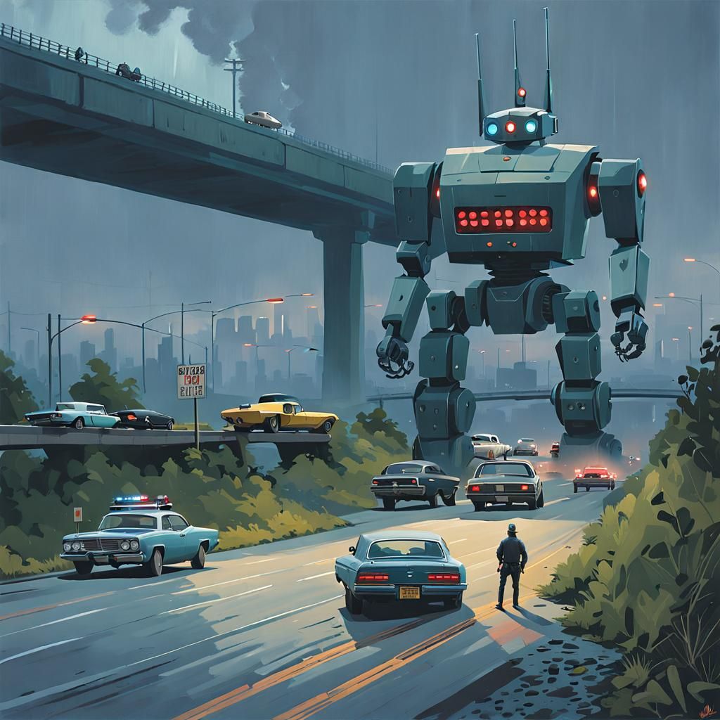 action scene, robot giant standing near freeway overpass, stomps on ...