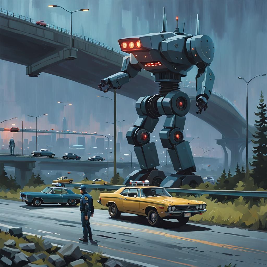 action scene, robot giant standing near freeway overpass, stomps on ...