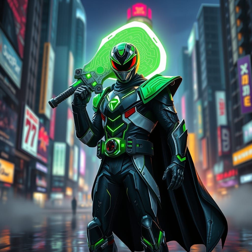 Cyberpunk Hero Wields Futuristic Axe in Neon-Lit C... - AI Art