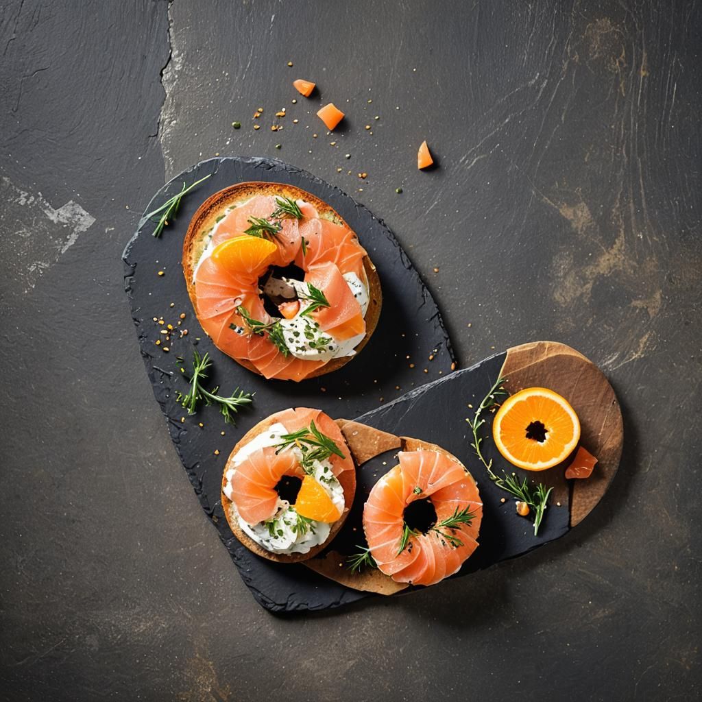 Food photography of a front-view luxurious presentation of a lox bagel ...