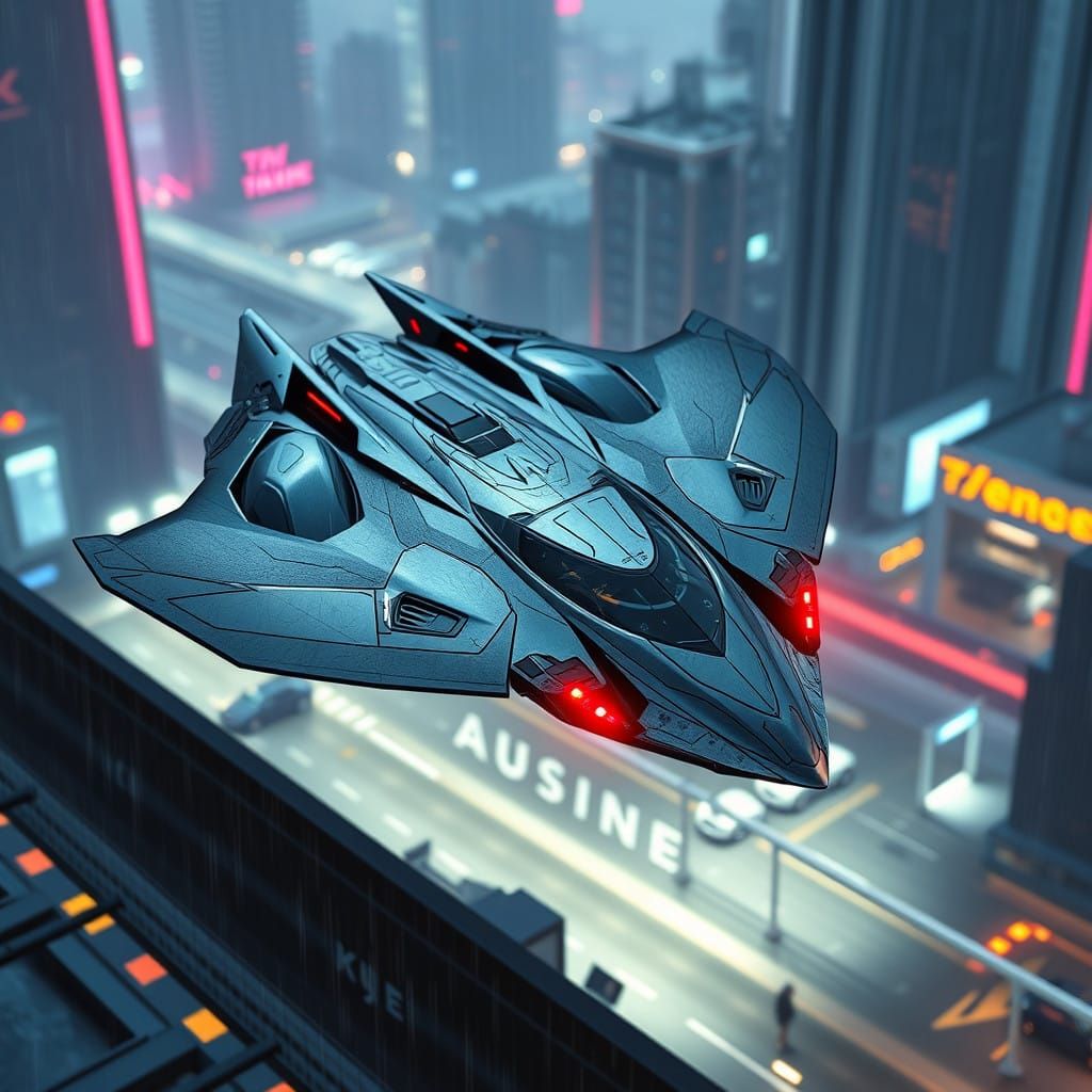 A futuristic, winged spaceship-vehicle, hybrid in design, with angular, abstract, brutalist ...