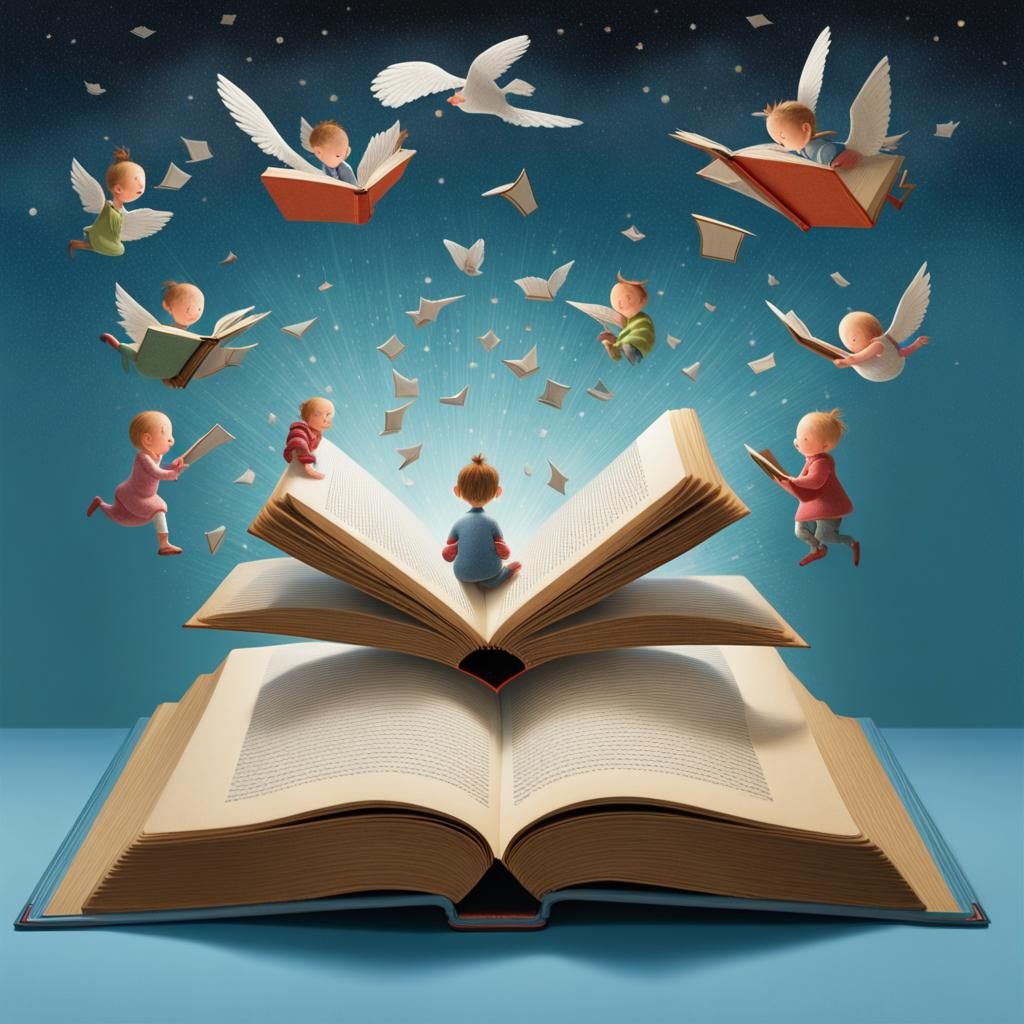 Open book with characters coming out of the book, infants are reading ...