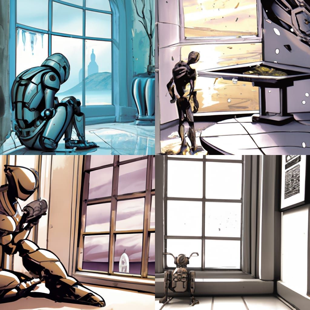 A sad bugdroid stands in the corner of pristine white tile room ...