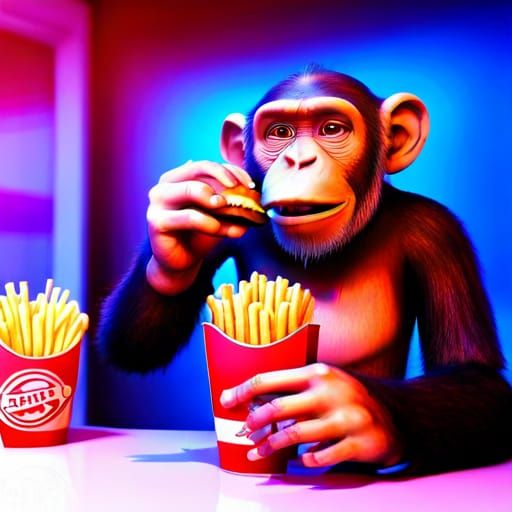 Chimpanzee eating a hamburger and french fries in a fast food ...