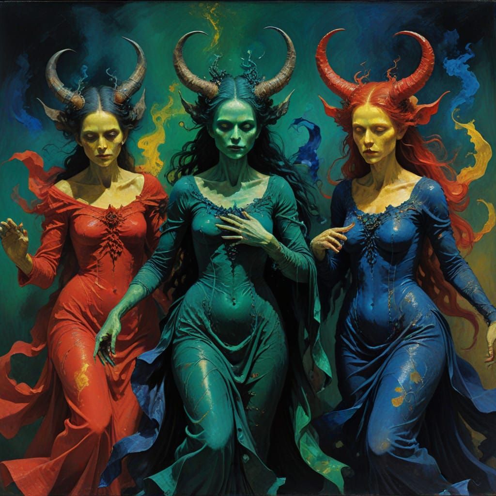 Mystical Demon Witches in a Goya-Inspired Abstract... - AI Art