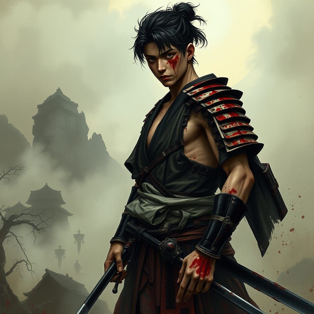 Blood-Soaked Ronin in Haunting Japanese Landscape - AI Art