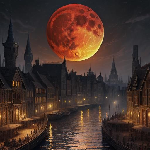 LARGE BLOOD MOON MEDIEVAL CITY VIEW FROM THE RIVER Epic cinematic ...
