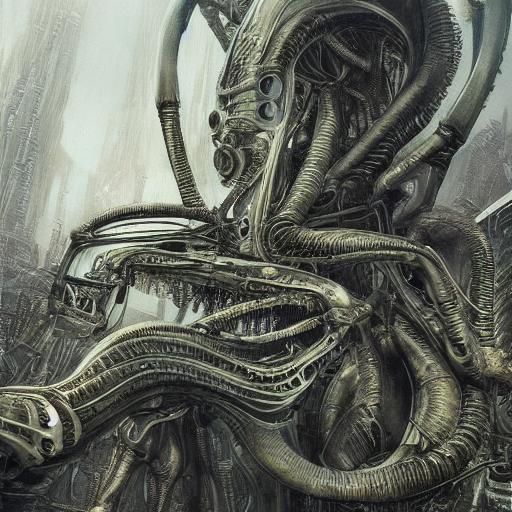16k resolution, art by H.R. Giger, bio-mechanical food truck, alien ...
