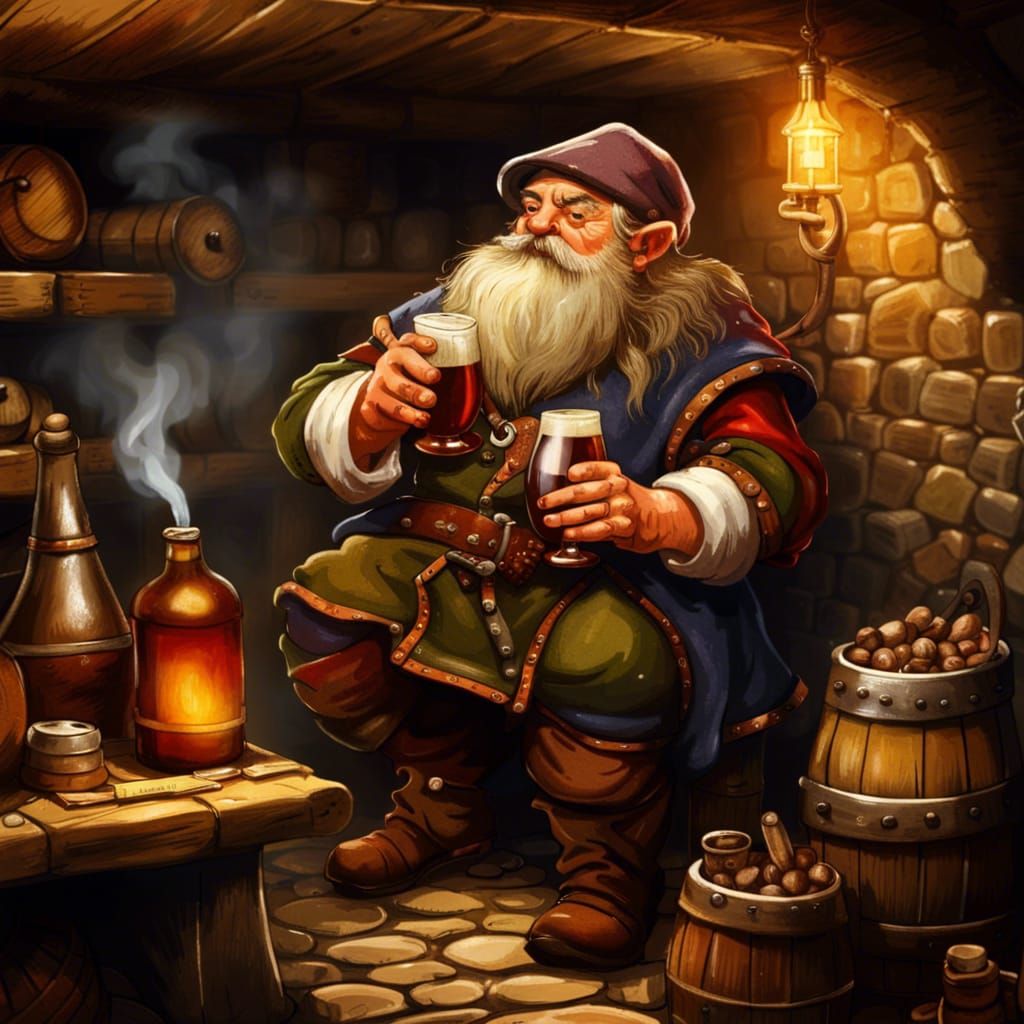 Dwarf brewing the finest ale in his little cellar while singing jolly ...