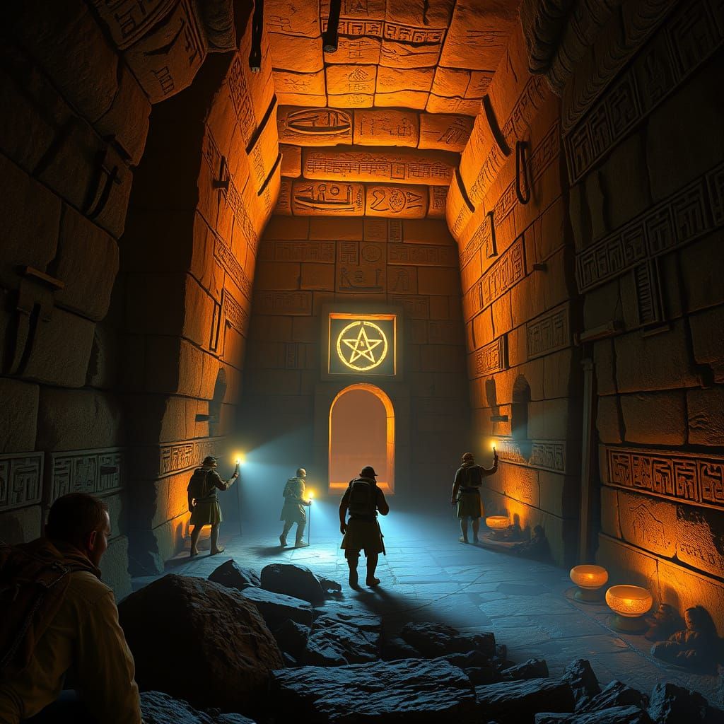 Giza Pyramid Labyrinth: Explorers and Ancient Reli... - AI Art