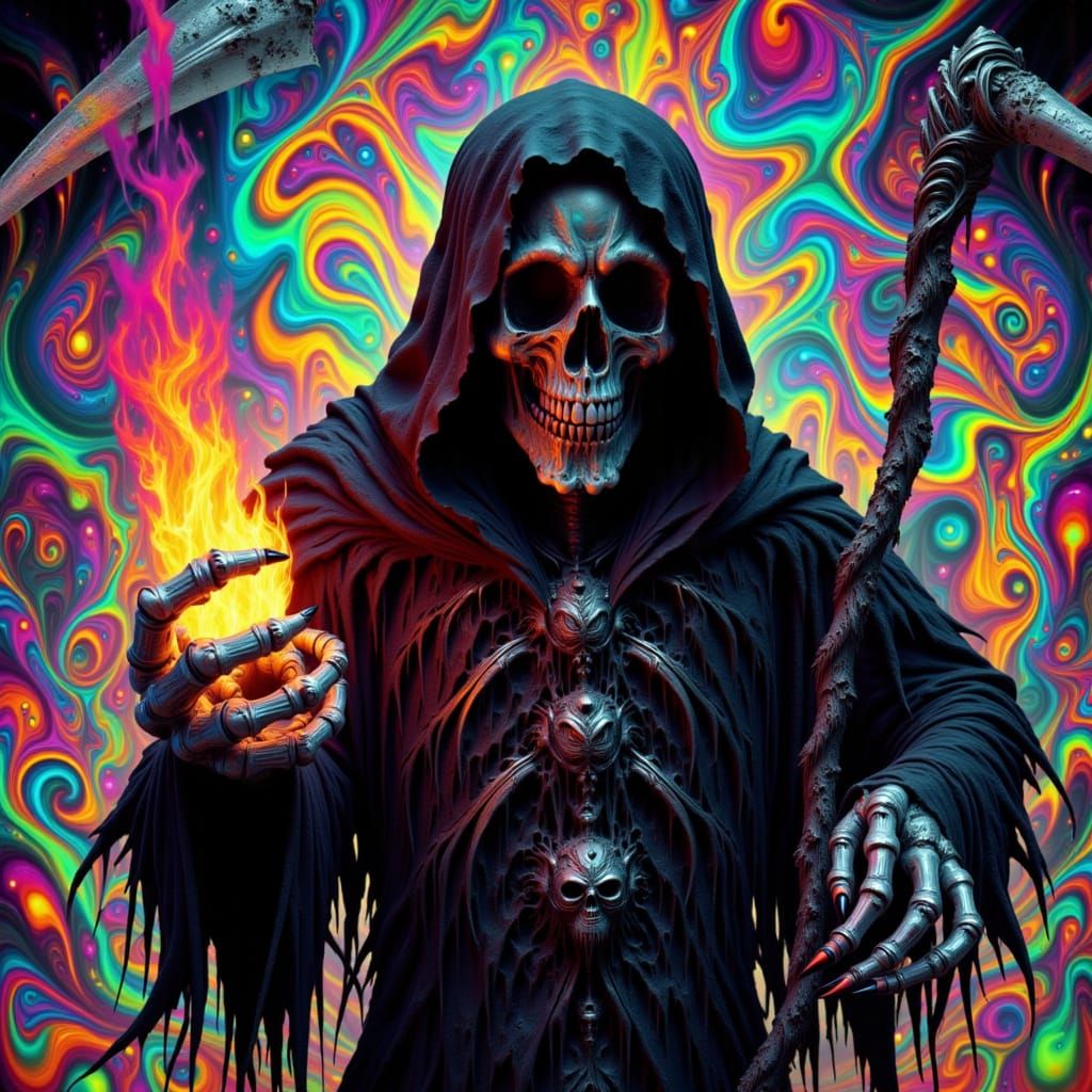 Surreal Grim Reaper in Psychedelic Flames - AI Art