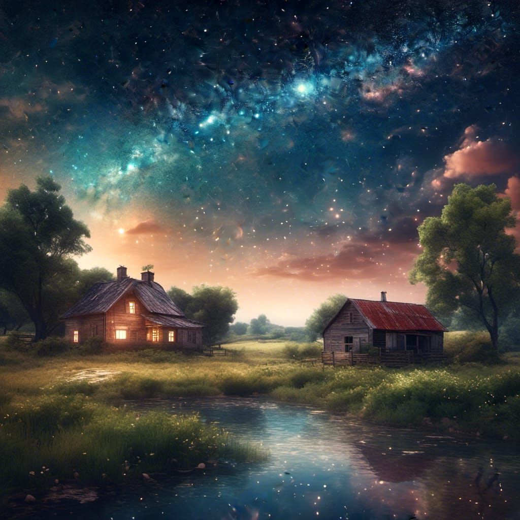 Country scene under a starry sky - AI Generated Artwork - NightCafe Creator