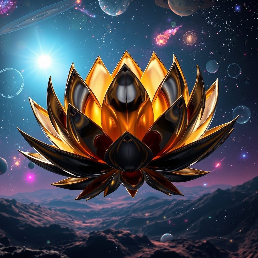 Metallic Lotus in Cosmic Void: Digital Art - AI Art
