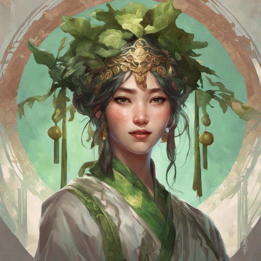 jeune elfe chinoise souriante aux yeus larges et verts dans son costume ...