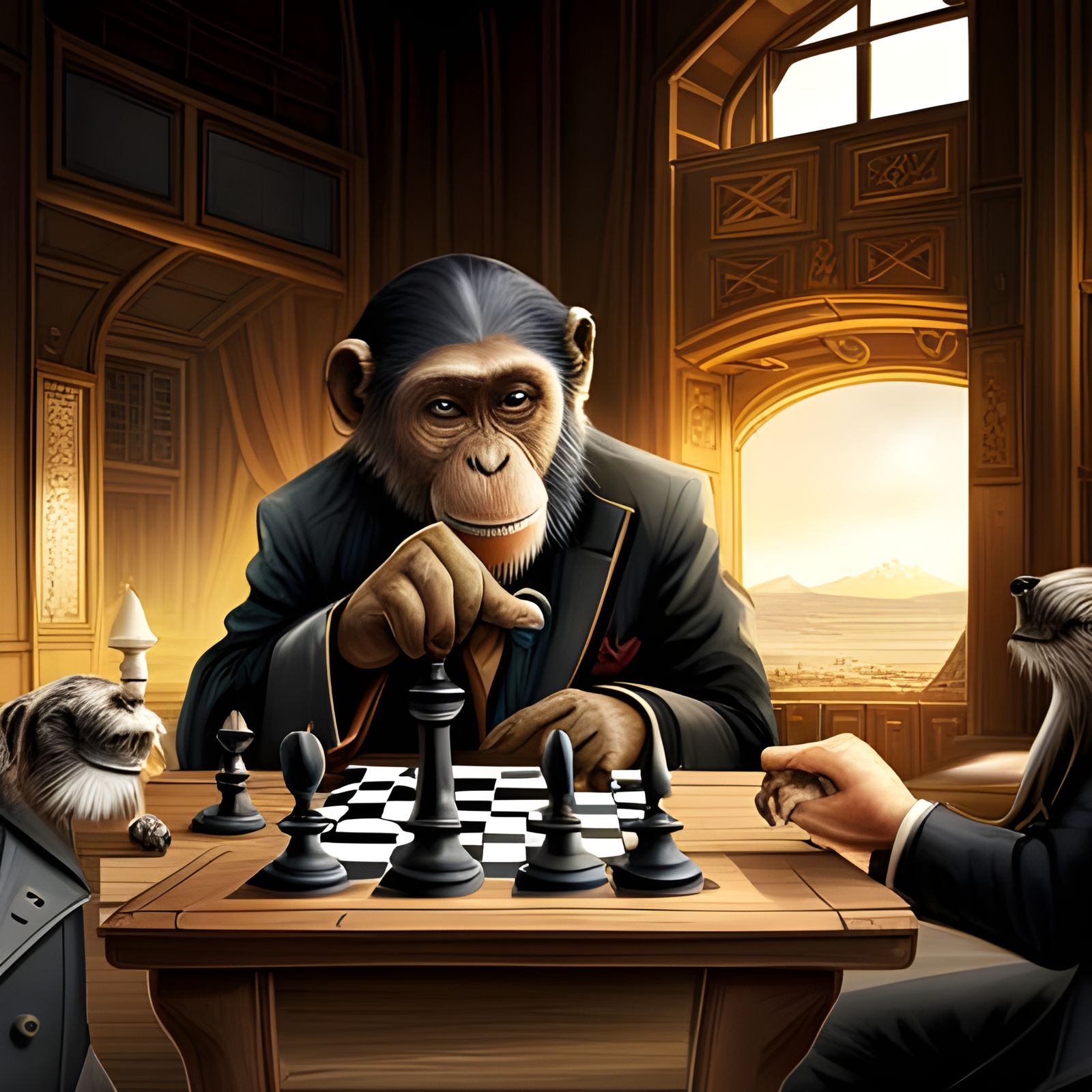 {monkey-chimpanzee} && {monkey-chimpanzee} playing chess on a old ...