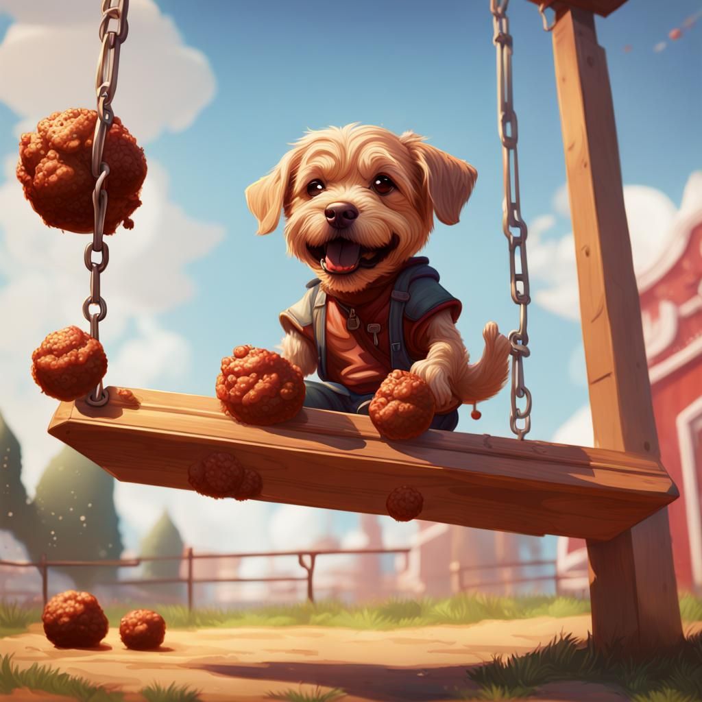 Jax on a seesaw eating meatballs - AI Generated Artwork - NightCafe Creator