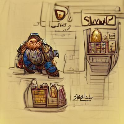 Dwarf shopkeeper - Dwarf Shopkeeper in Cozy Fantasy Workshop