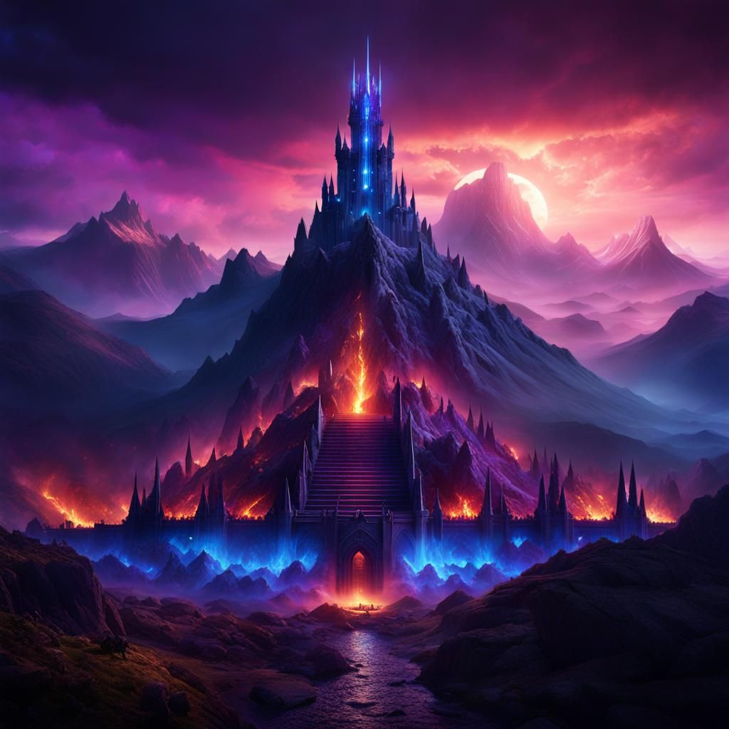 Dark fantasy, blue and purple flames, massive tower, dark mountains in ...