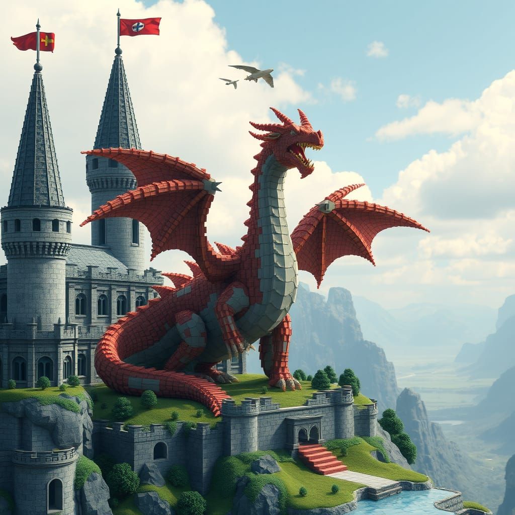 Cubist Dragon Soars Over Geometric Castle - AI Art