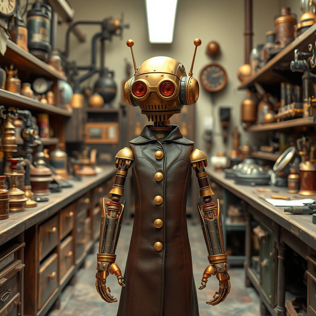 Steampunk Robot in Lab: Aardman Claymation Style - AI Art