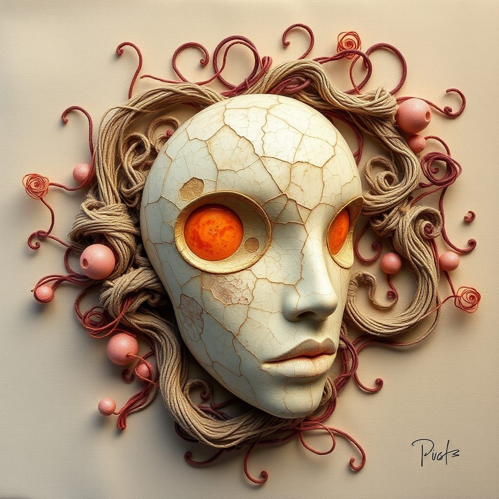 Sculptural Head With Twine Hair....