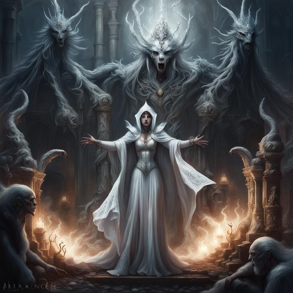 Ghostly ancient White evil sorceress conjuring evil dark entities ...