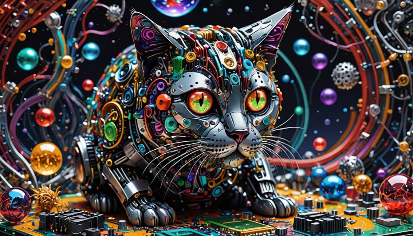 The robotic cat sits on a motherboard inside the computer - AI ...