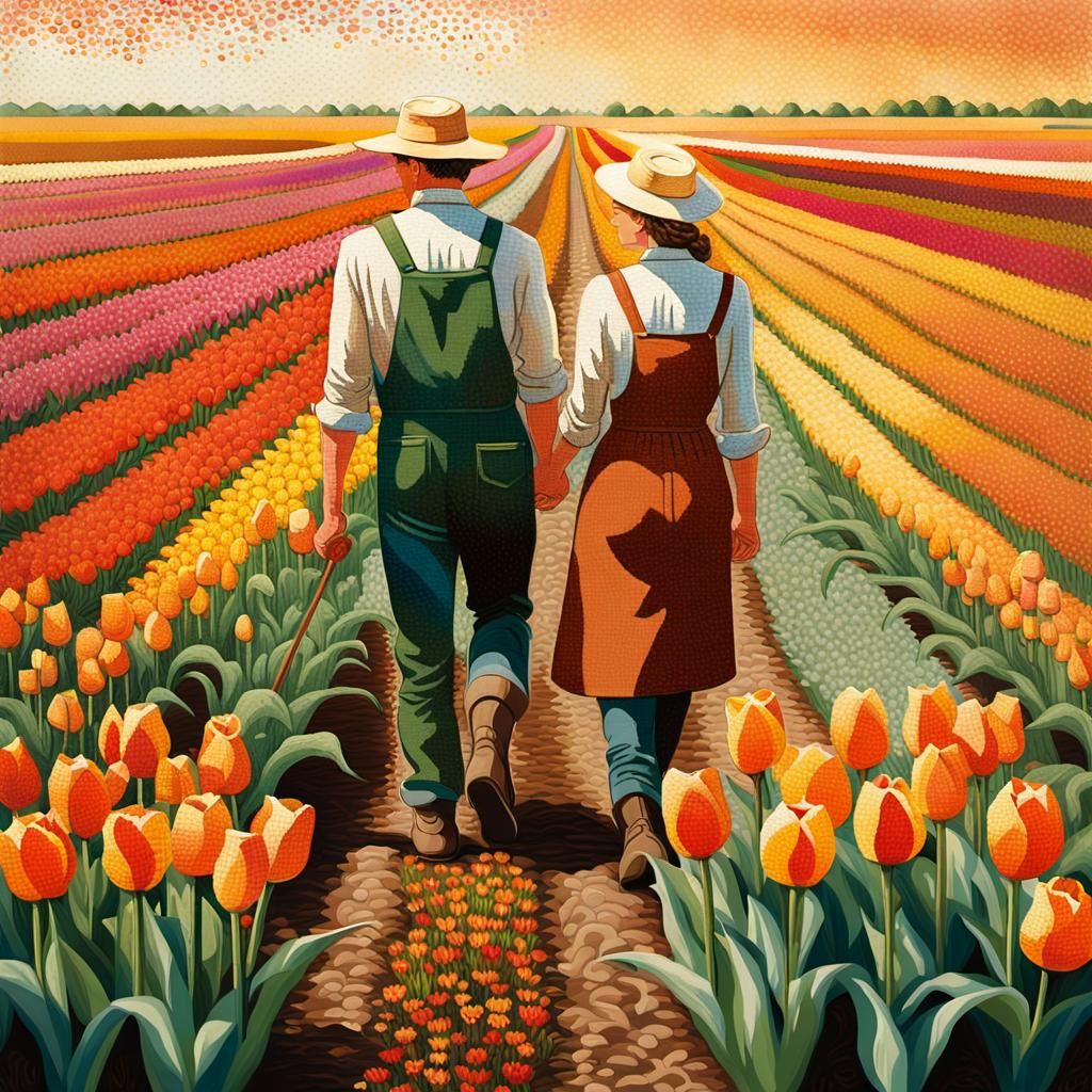 An Young Family Working on the Dutch Flower Farm, North Holland