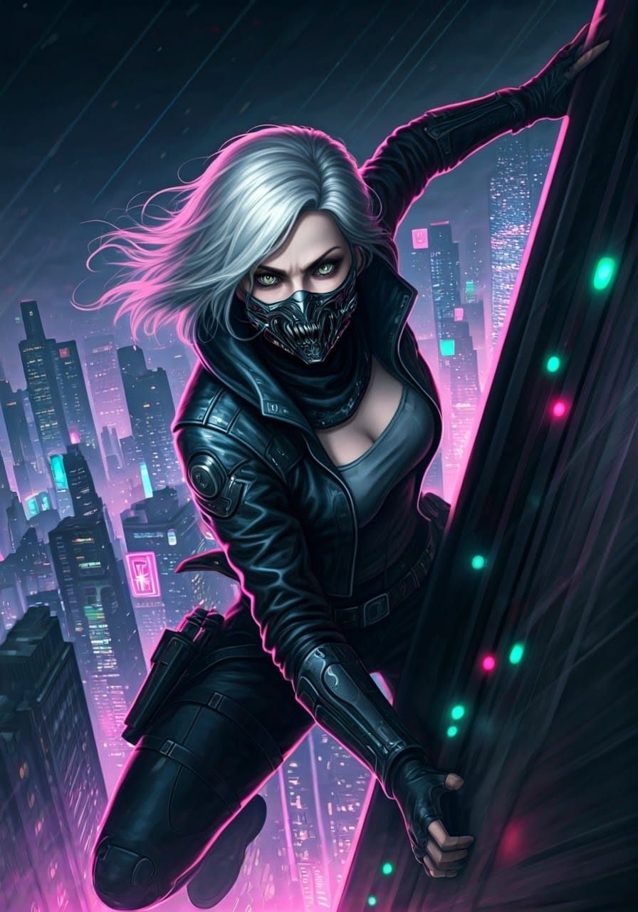 woman with hauntingly expressive features, fiercely climbing a towering ...