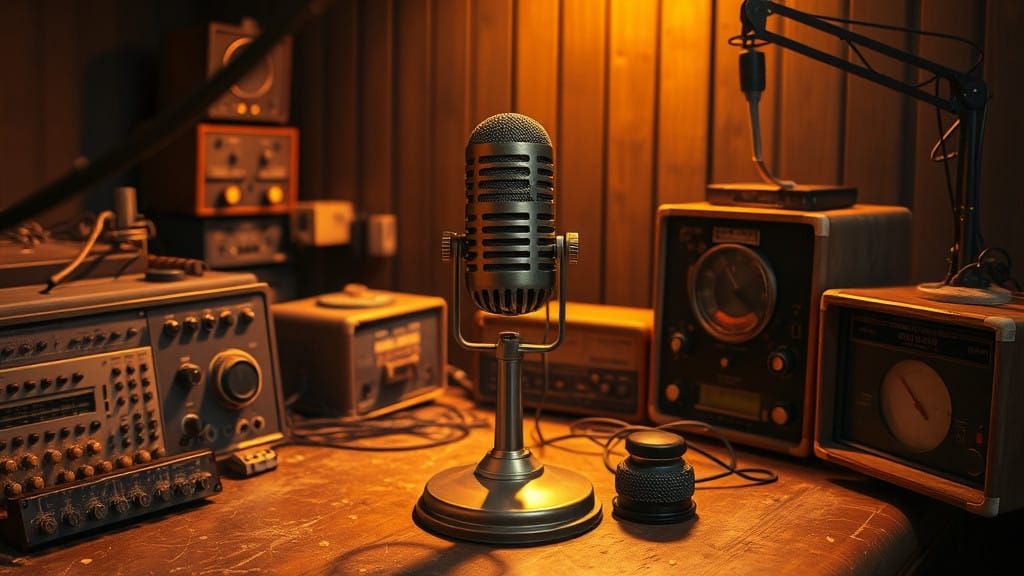 Old radio setup - Vintage Broadcasting Studio in Warm, Retro...