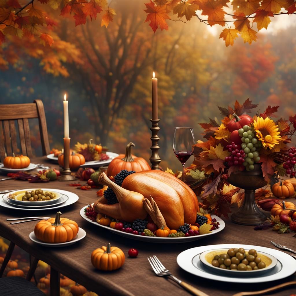 Cornucopia on outside dinner table with Thanksgiving dinner set for 10 ...