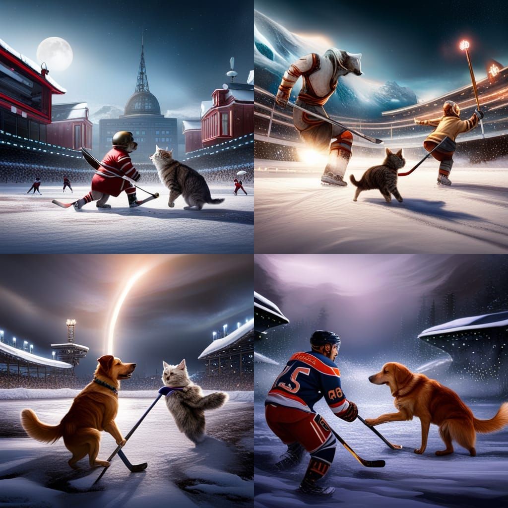 A dog and cat playing hockey. - AI Generated Artwork - NightCafe Creator