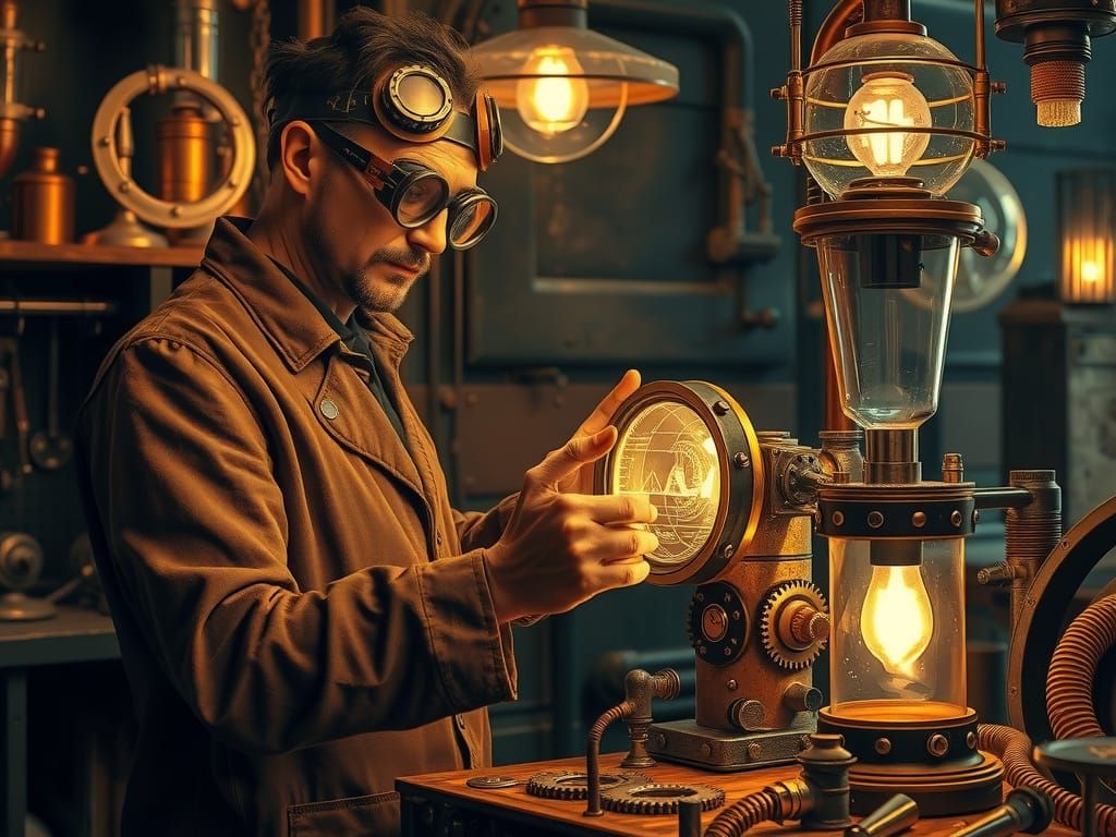 Steampunk Inventor Tinkers with Brass Gears and Gl... - AI Art