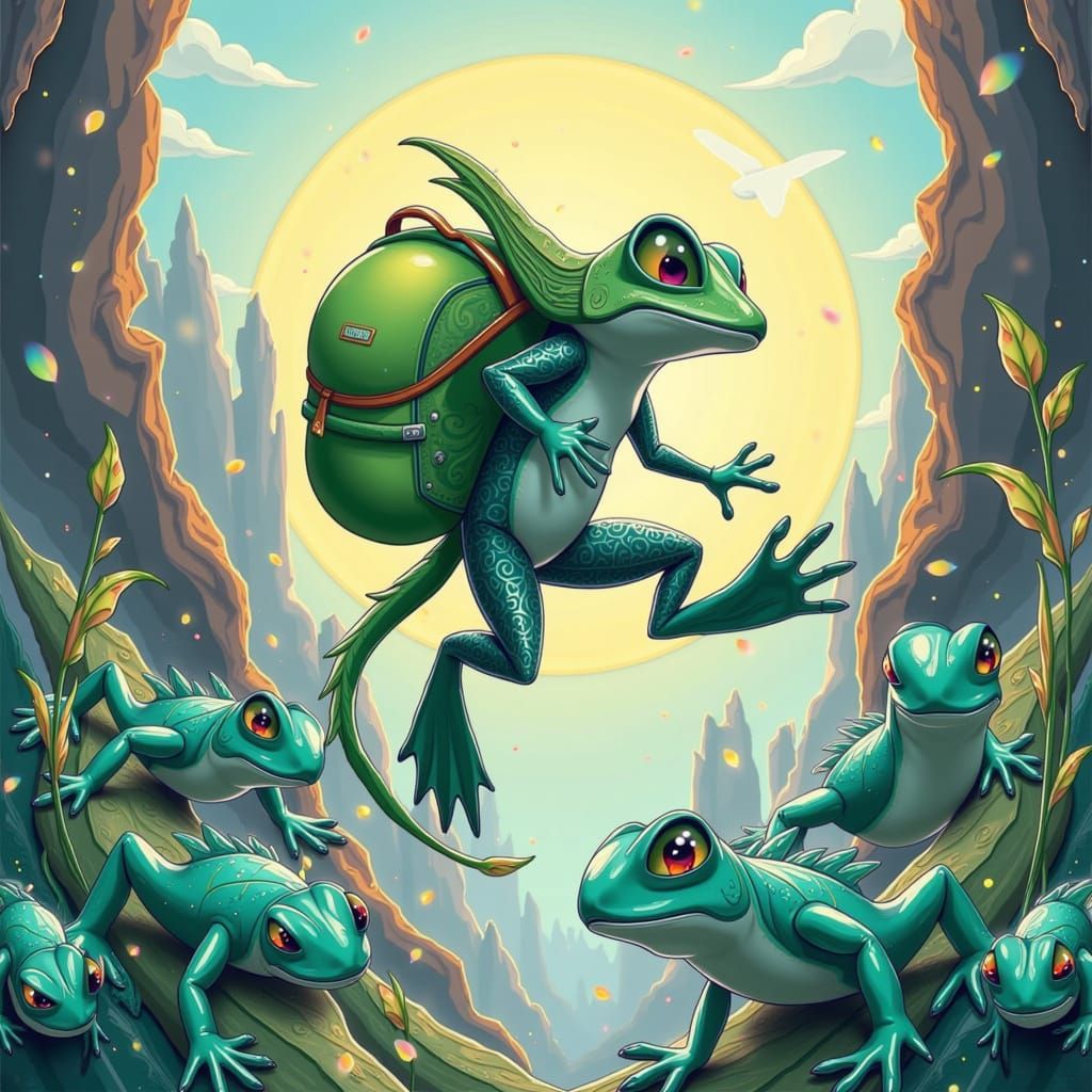 Colorful Fae Frogger Jumps Over Turquoise Lizards ... - AI Art