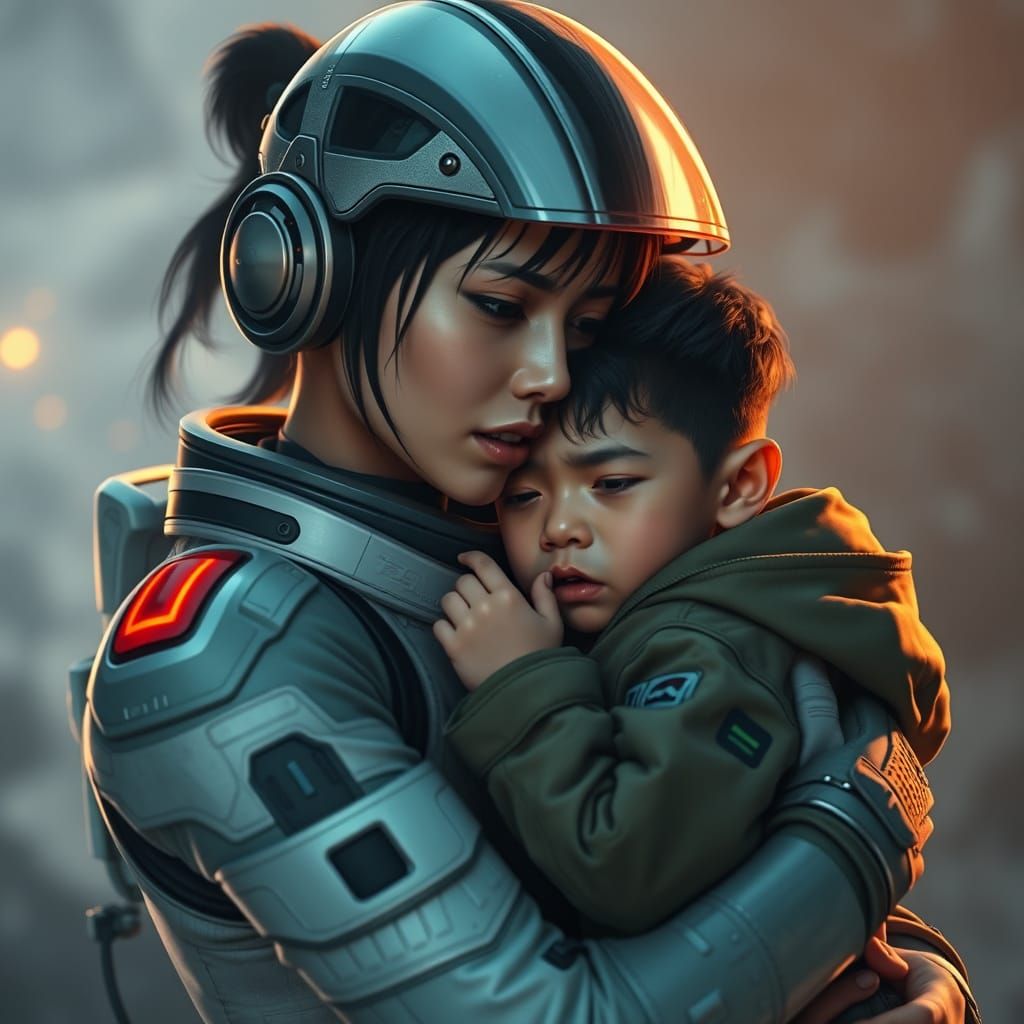 Epic Futuristic Female Space Ranger Hugs Crying Bo... - AI Art