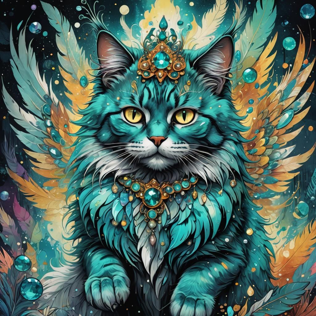 (overdetailed anime art of a mystical fluffy teal cat angel in ...