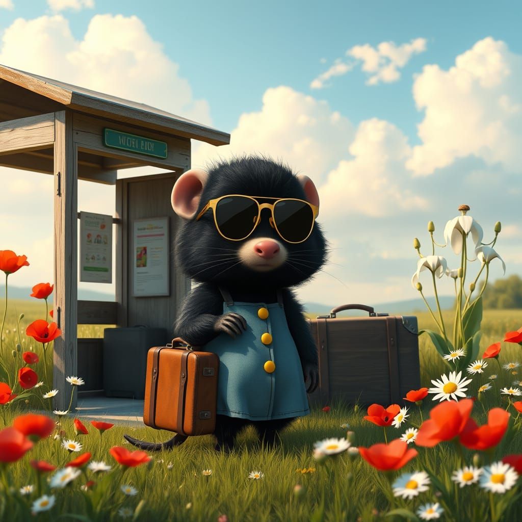 Mole Girl Waits at Quaint Bus Stop in Lush Country... - AI Art